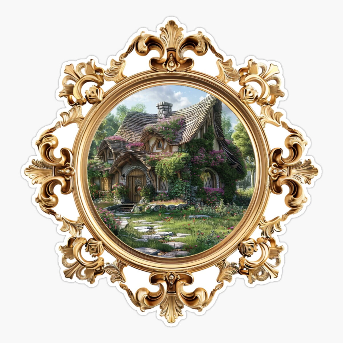 Onim Fantasy Forest Cottage Gold Frame Style Sticker, Phone Decal Water ...