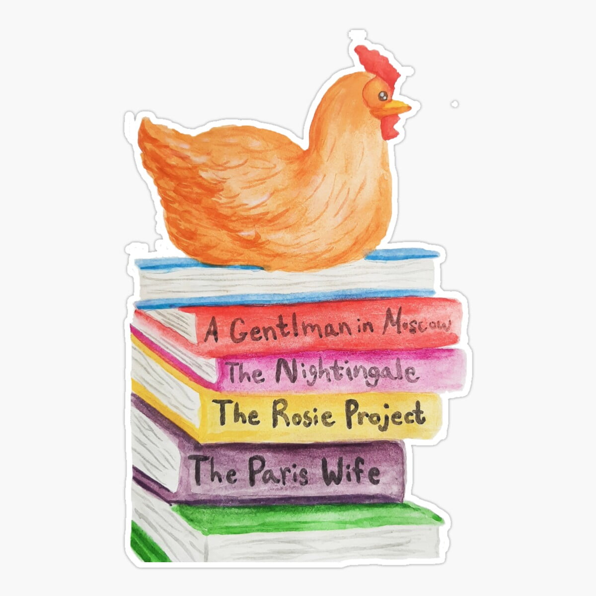 Onim Farmhouse Red Hen Chicken Sitting On A Stack Of Books Sticker ...