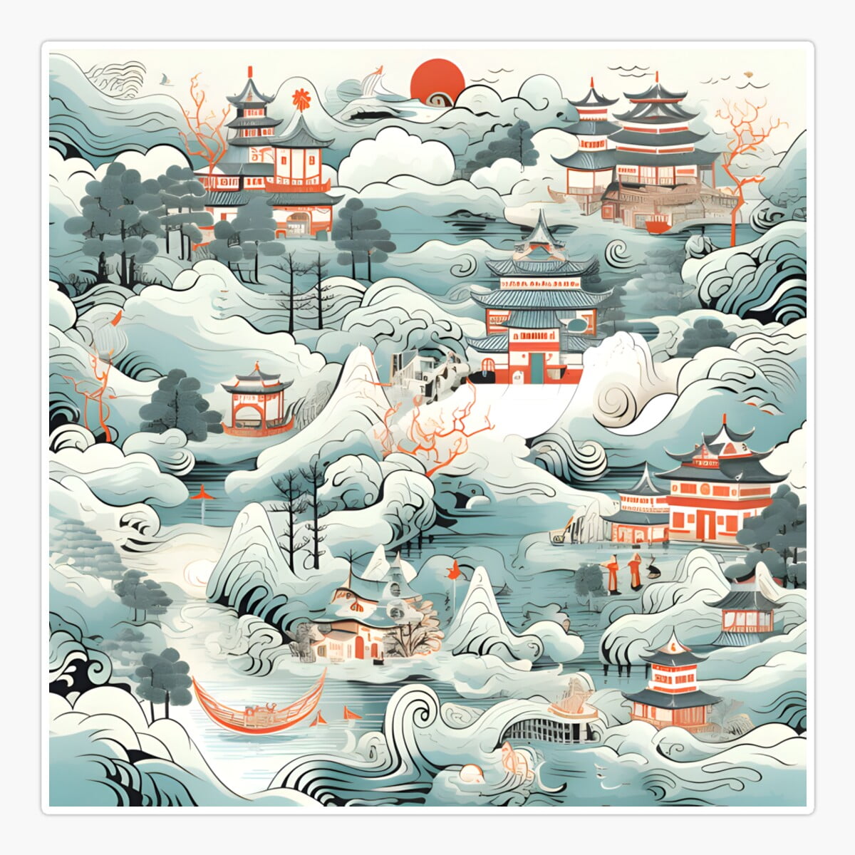 Onim Feudal Japanese Village Sticker, Phone Decal Water Bottle Stickers ...