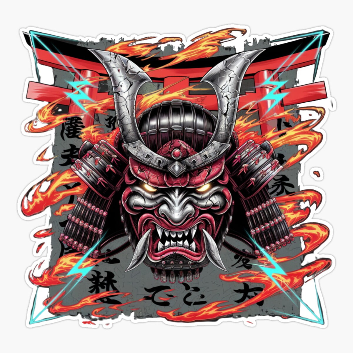 Onim Fierce Samurai Mask With Fiery Torii Gate Sticker, Phone Decal ...