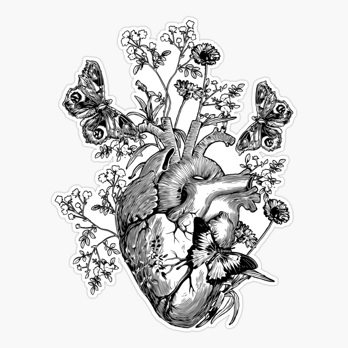 Onim Floral Art Of Human Heart, Black And White Sketch Illustration ...