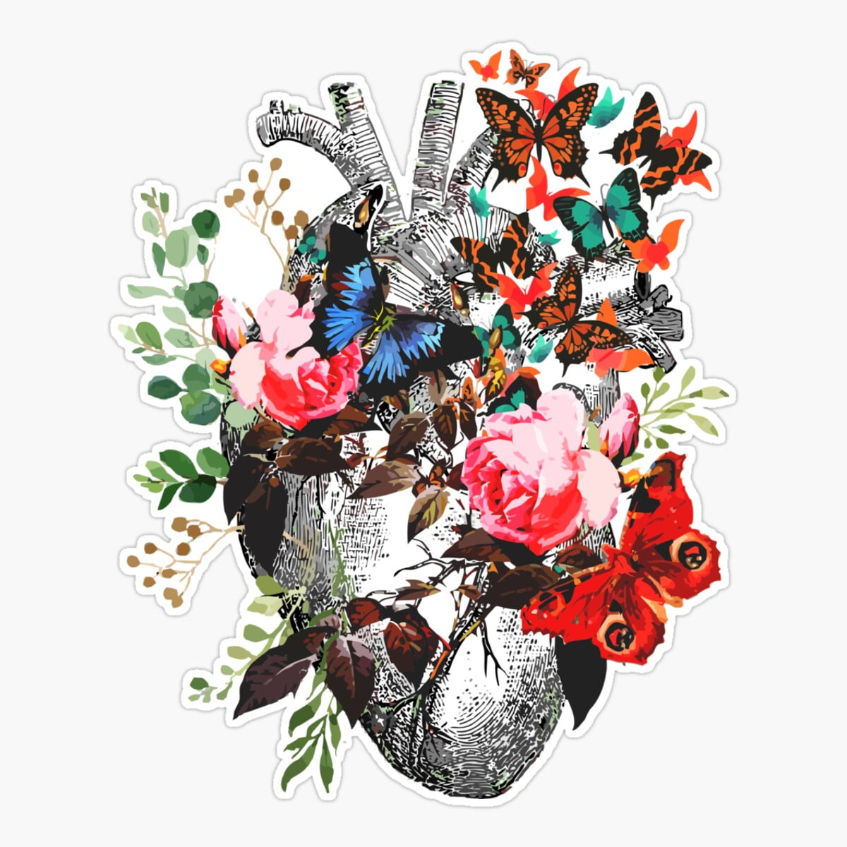 Onim Floral Heart Human Anatomy Butterflies Sticker, Phone Decal Water ...