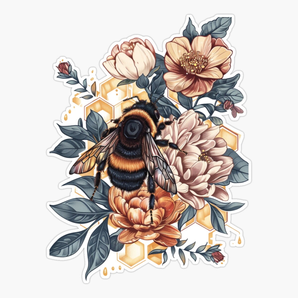 Onim Floral Honeycomb Bumble Bee Sticker, Phone Decal Water Bottle ...