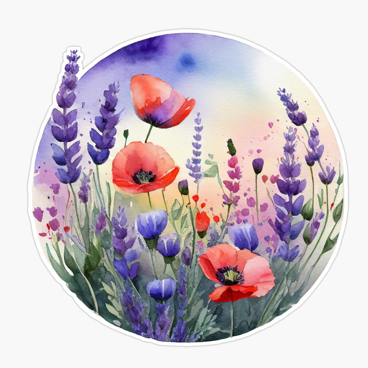 Onim Flower Watercolor Round Sticker; Lavender, Violets, Poppies ...