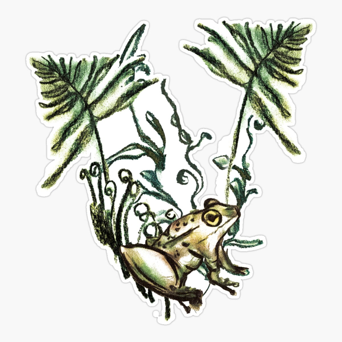 Onim Frog And Ferns, Cottagecore Charcoal Drawing Sticker, Phone Decal ...