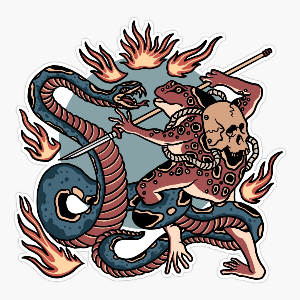 Onim Frog And Snake Battle Traditional Tattoo Sticker, Phone Decal ...