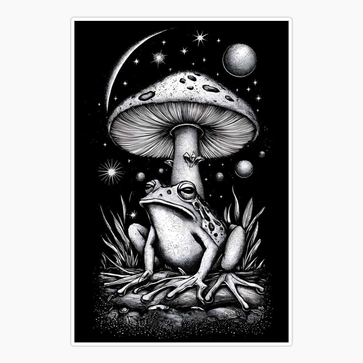 Onim Frog Under Mushroom In A Dark Forest Celestial Theme Sky - Ink ...