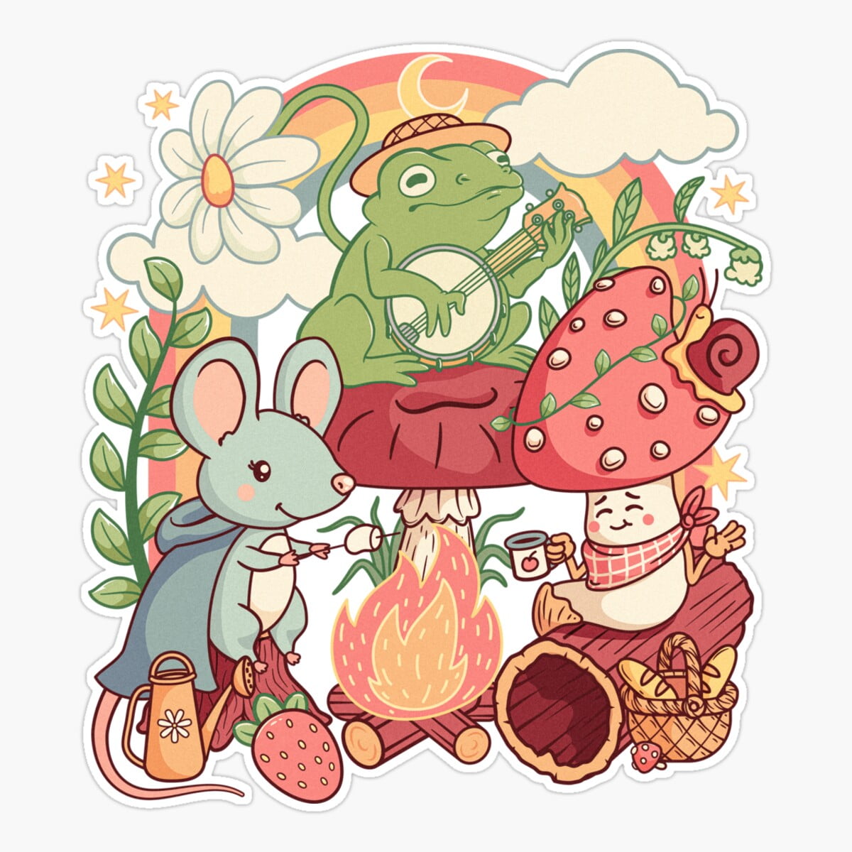 Onim Frog Playing Banjo And Friends - Cottagecore Aesthetic Sticker ...