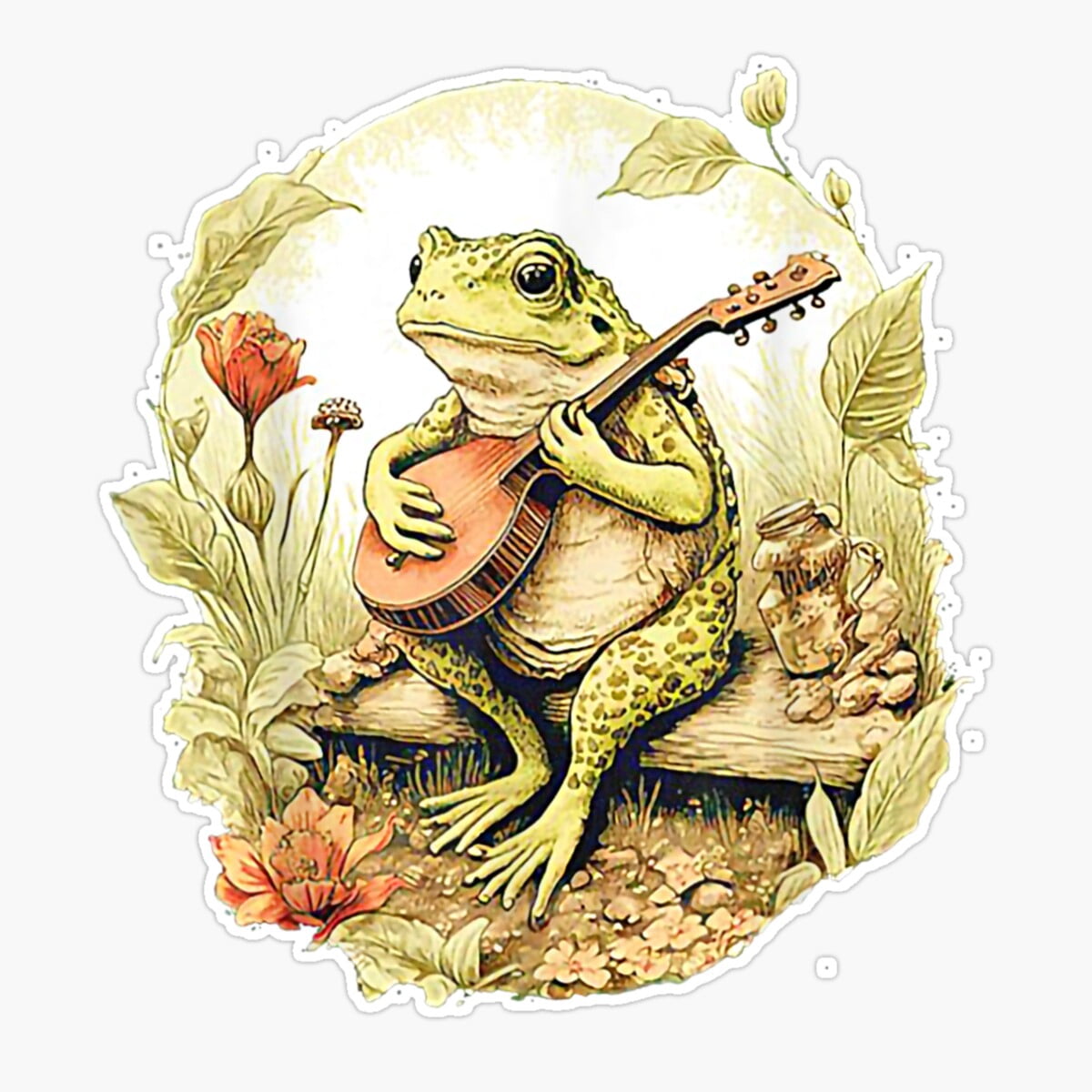 Onim Frog Playing Banjo On Log, Funny Cottagecore Aesthetic Frog With ...