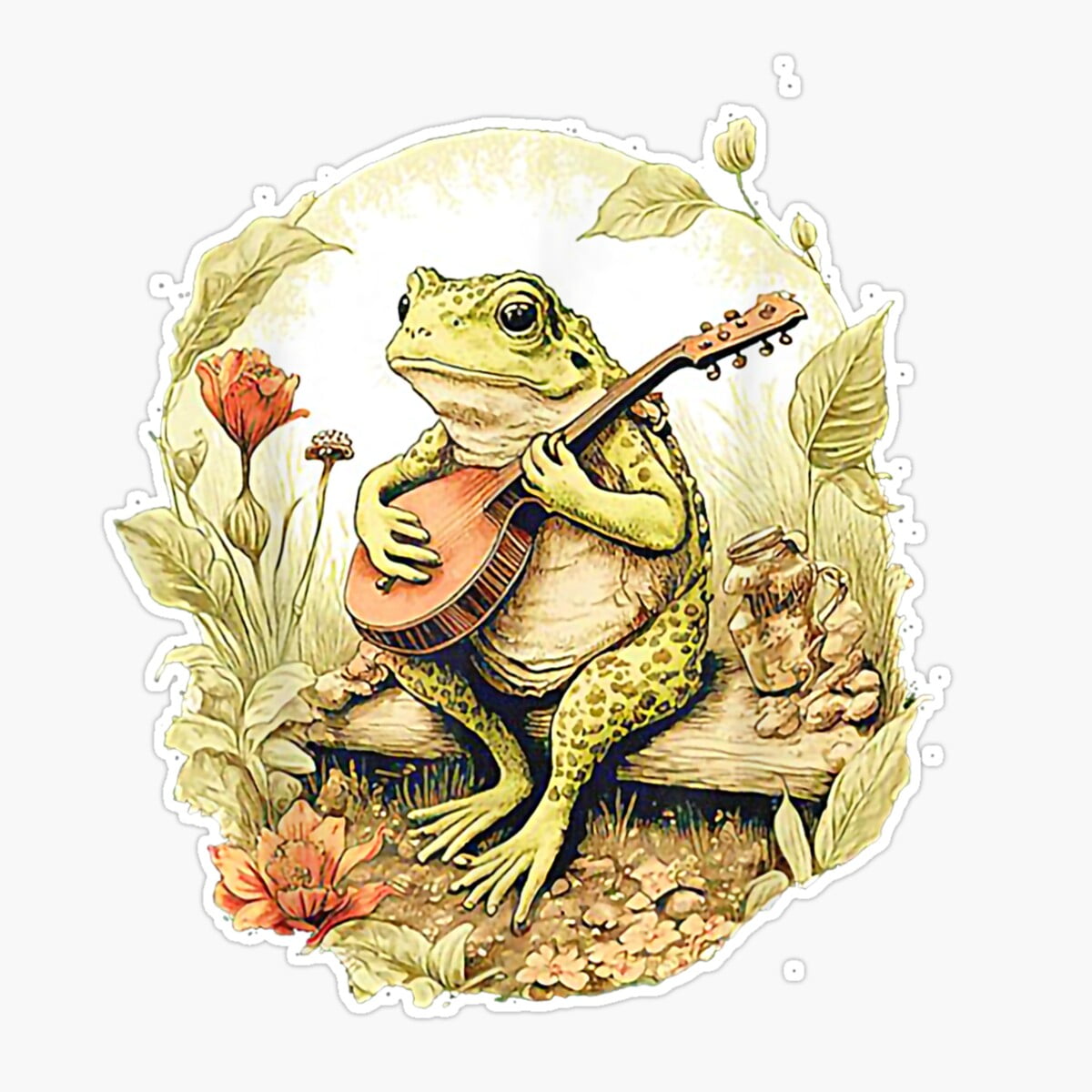 Onim Frog Playing Banjo On Log Sticker, Phone Decal Water Bottle ...
