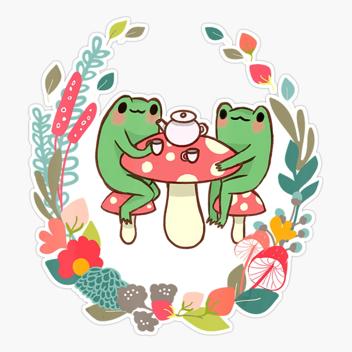 Onim Frogs Drinking Tea Mushroom Cute Cottagecore Aesthetic Frog ...