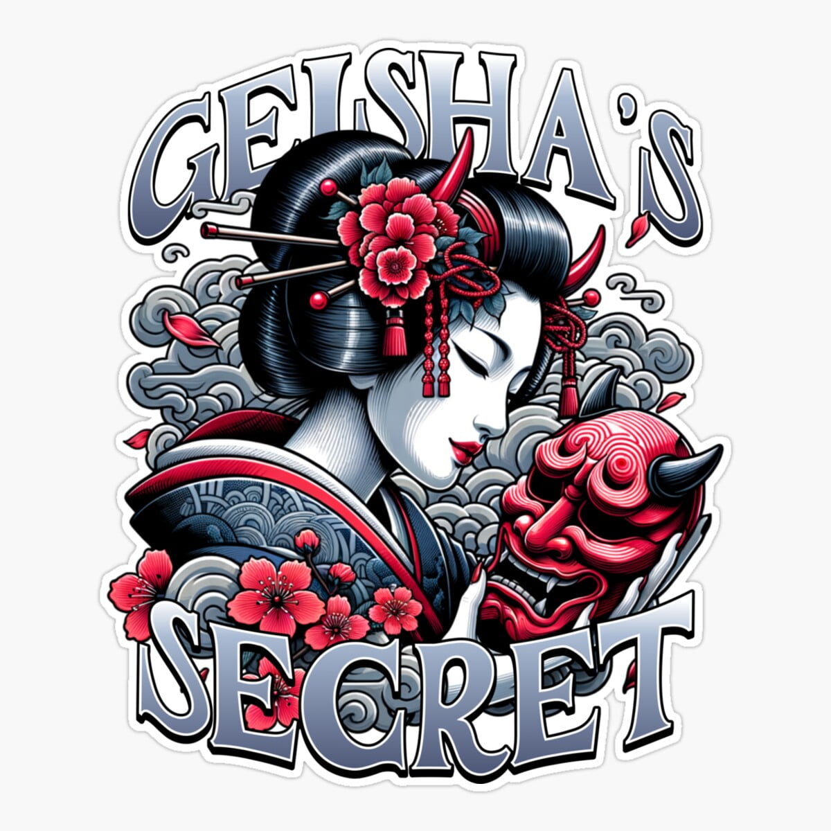 Onim Geisha Holding Red Oni Mask Sticker, Phone Decal Water Bottle ...