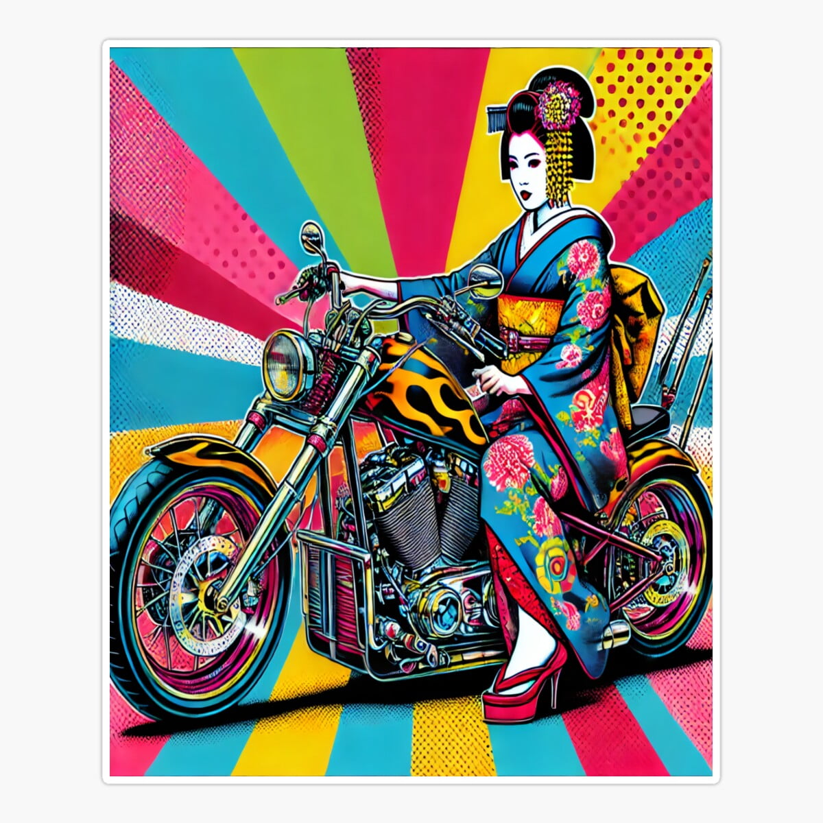 Onim Geisha On A Motorcycle – Bold Pop Art Fusion Sticker, Phone Decal ...