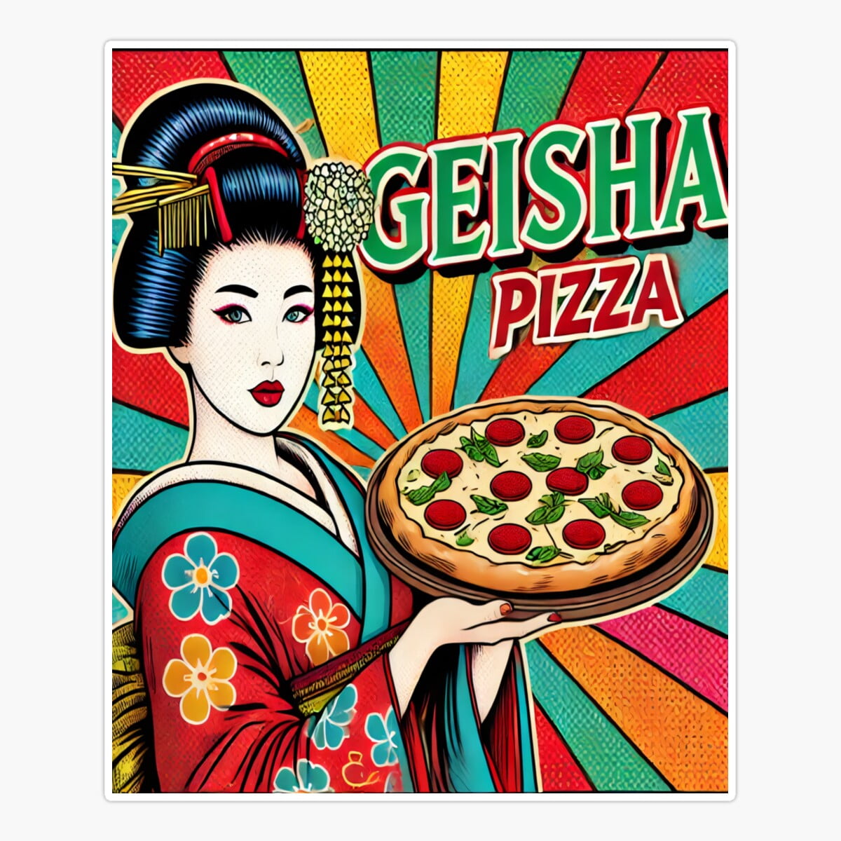Onim Geisha Pizza Pop Art Sticker, Phone Decal Water Bottle Stickers ...