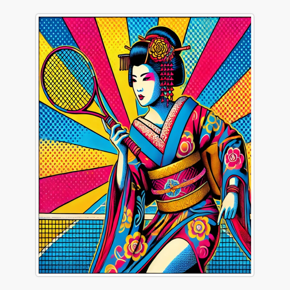 Onim Geisha Tennis Match - Vibrant Pop Art Fusion Sticker, Phone Decal ...