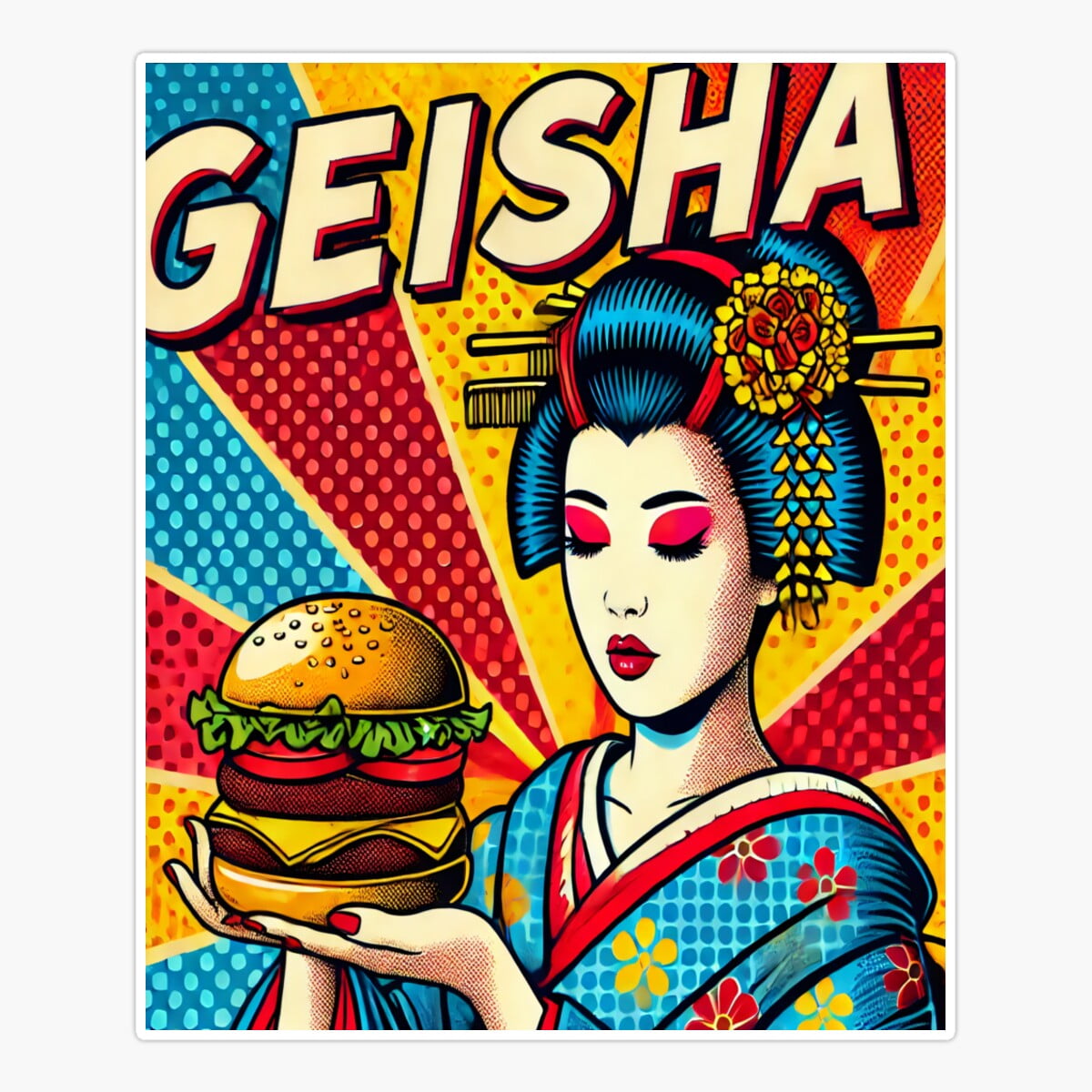 Onim Geisha With Burger Pop Art - Bold Japanese Parody Sticker, Phone ...