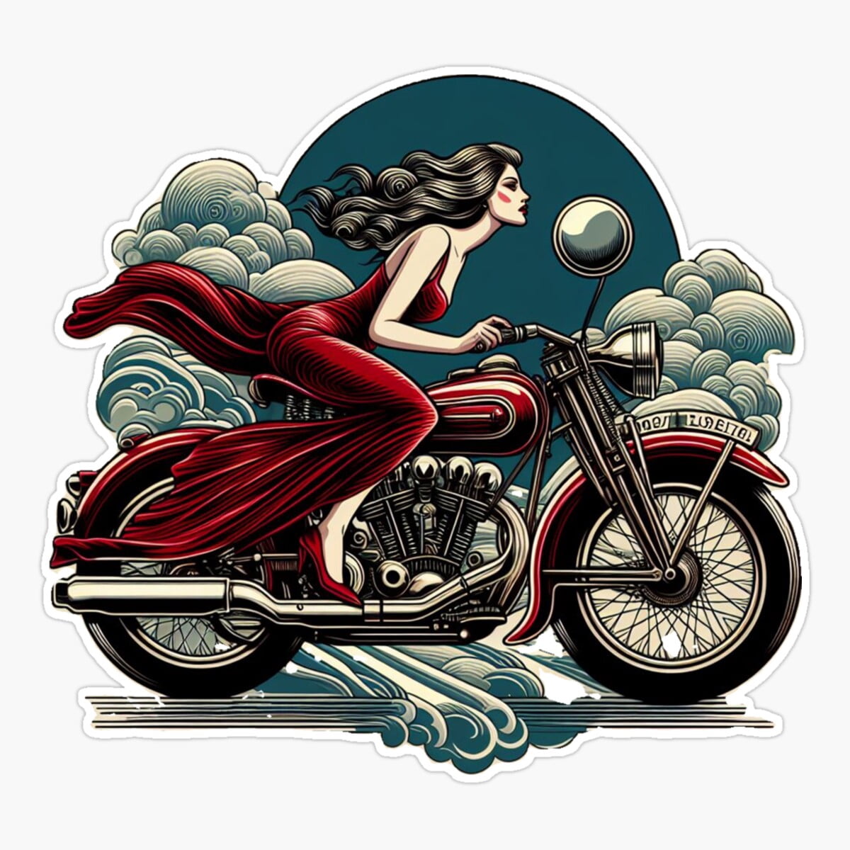 Onim Girl In A Velvet Dress Riding A Vintage Motorcycle Sticker, Phone ...