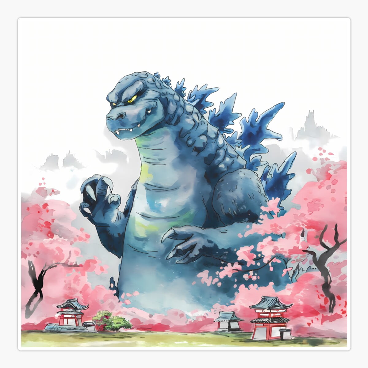 Onim Godzilla With Cherry Blossoms Sticker, Phone Decal Water Bottle ...