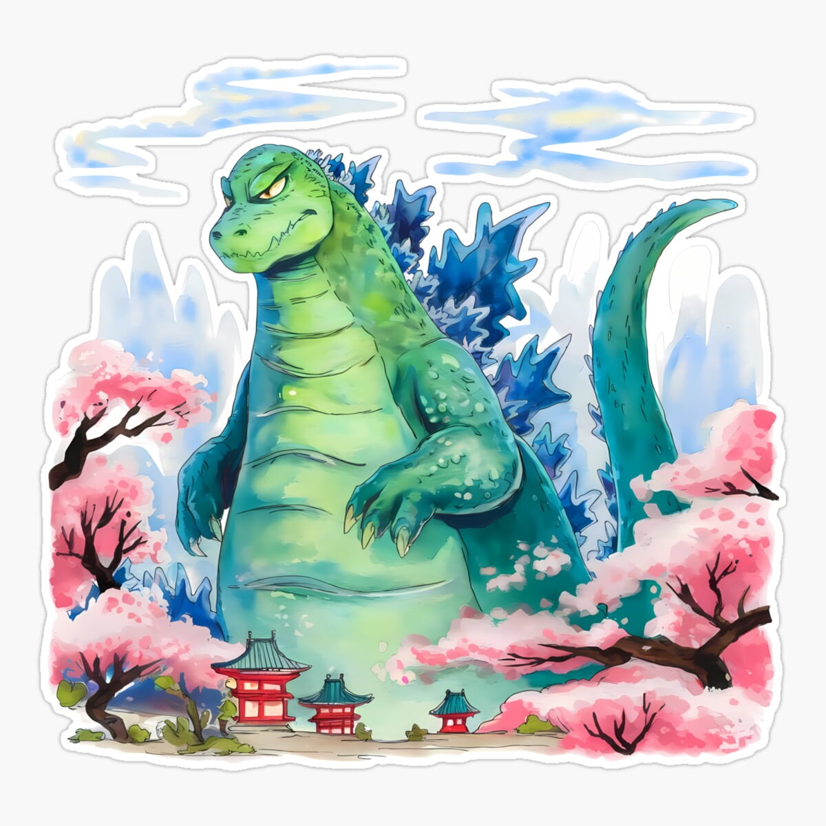 Onim Godzilla With Cherry Blossoms Sticker, Phone Decal Water Bottle ...