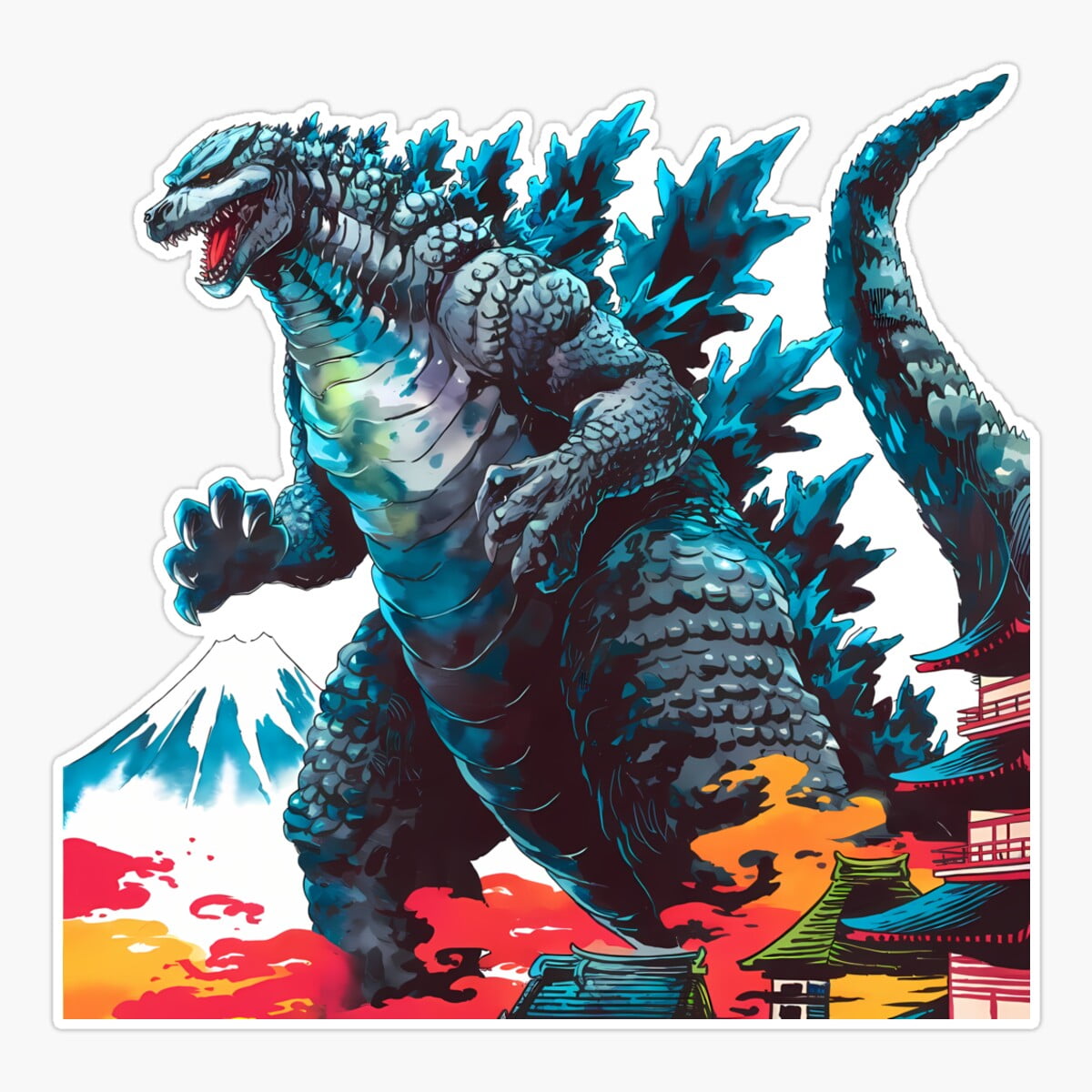 Onim Godzilla With Mount Fuji Sticker, Phone Decal Water Bottle ...