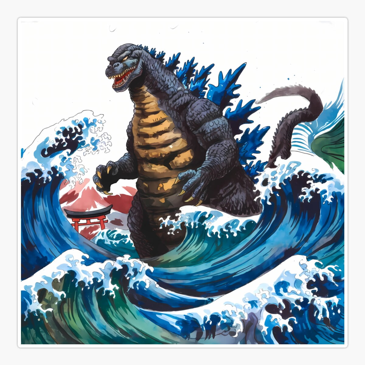 Onim Godzilla With The Great Wave Sticker, Phone Decal Water Bottle ...