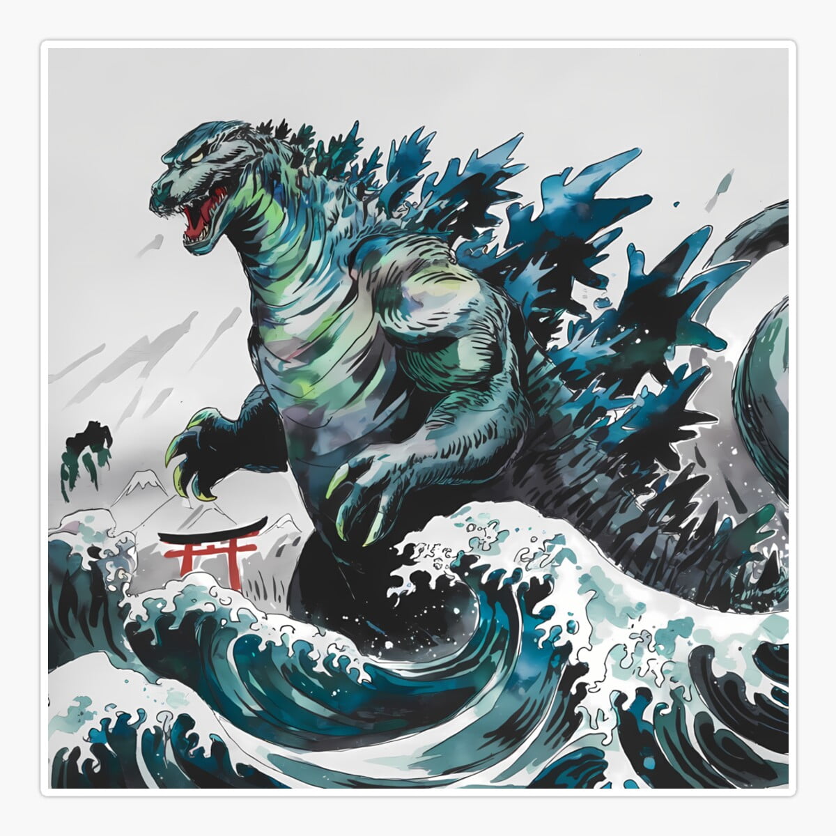 Onim Godzilla With The Great Wave Sticker, Phone Decal Water Bottle ...
