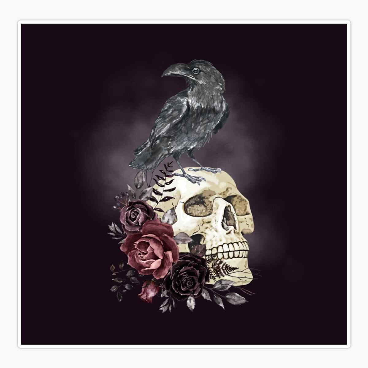 Onim Gothic Raven Skull Flowers Sticker, Phone Decal Water Bottle ...