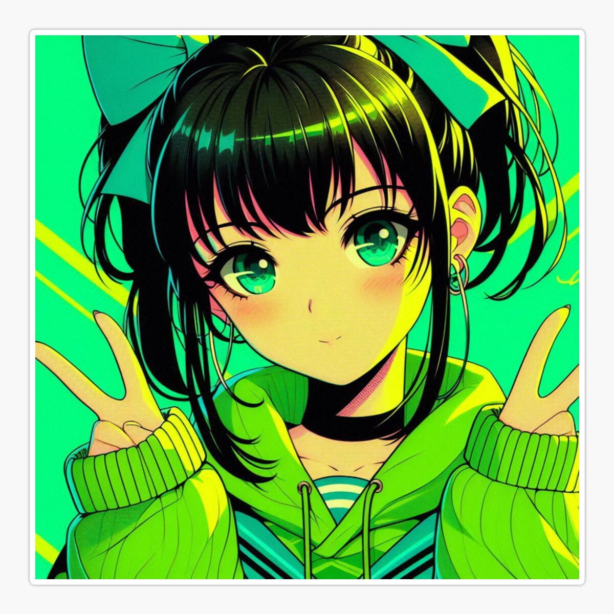 Onim Green Neon Light Anime Girl Sticker, Phone Decal Water Bottle ...