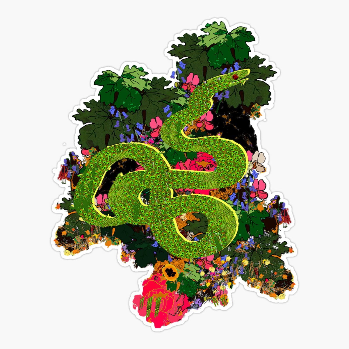 Onim Green Snake In Tropical Flower Bush Sticker, Phone Decal Water ...