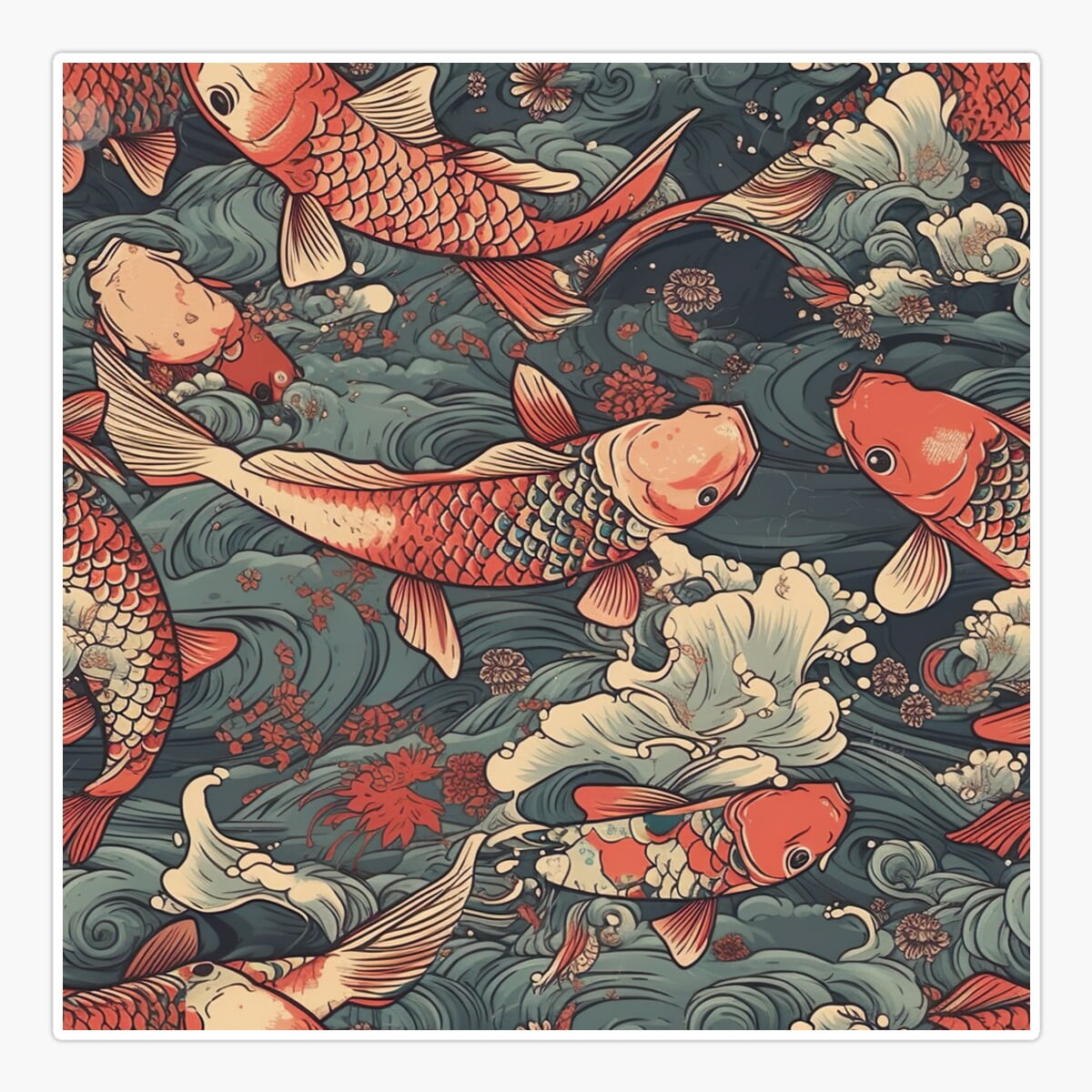 Onim Hand Drawn Digital Koi Fish Print Sticker, Phone Decal Water ...