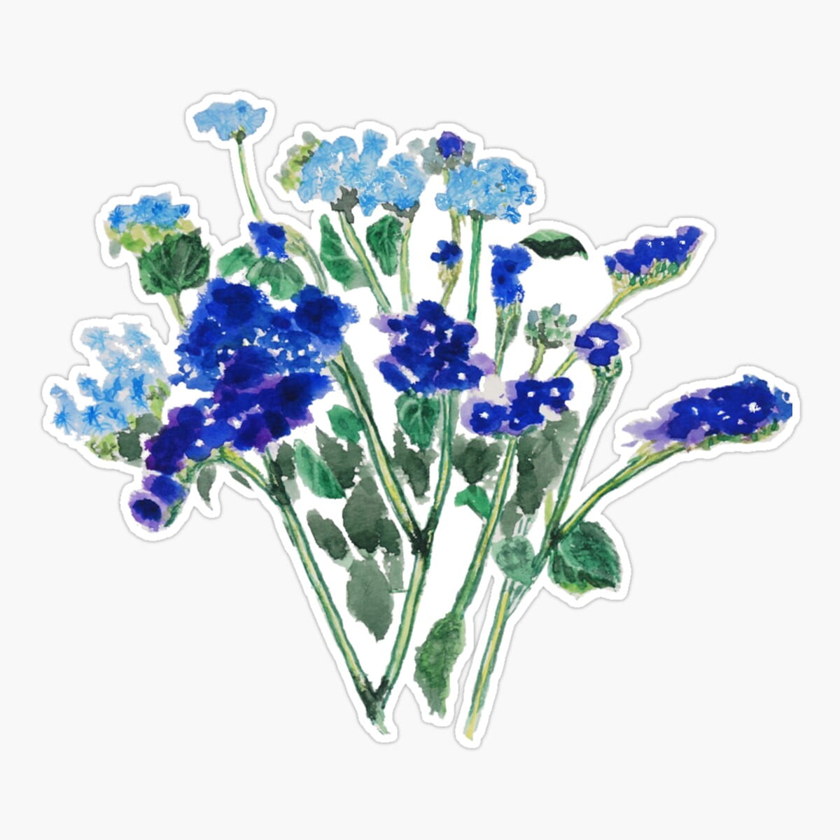 Onim Hand Painted Blue Flower Watercolor Sticker, Phone Decal Water ...