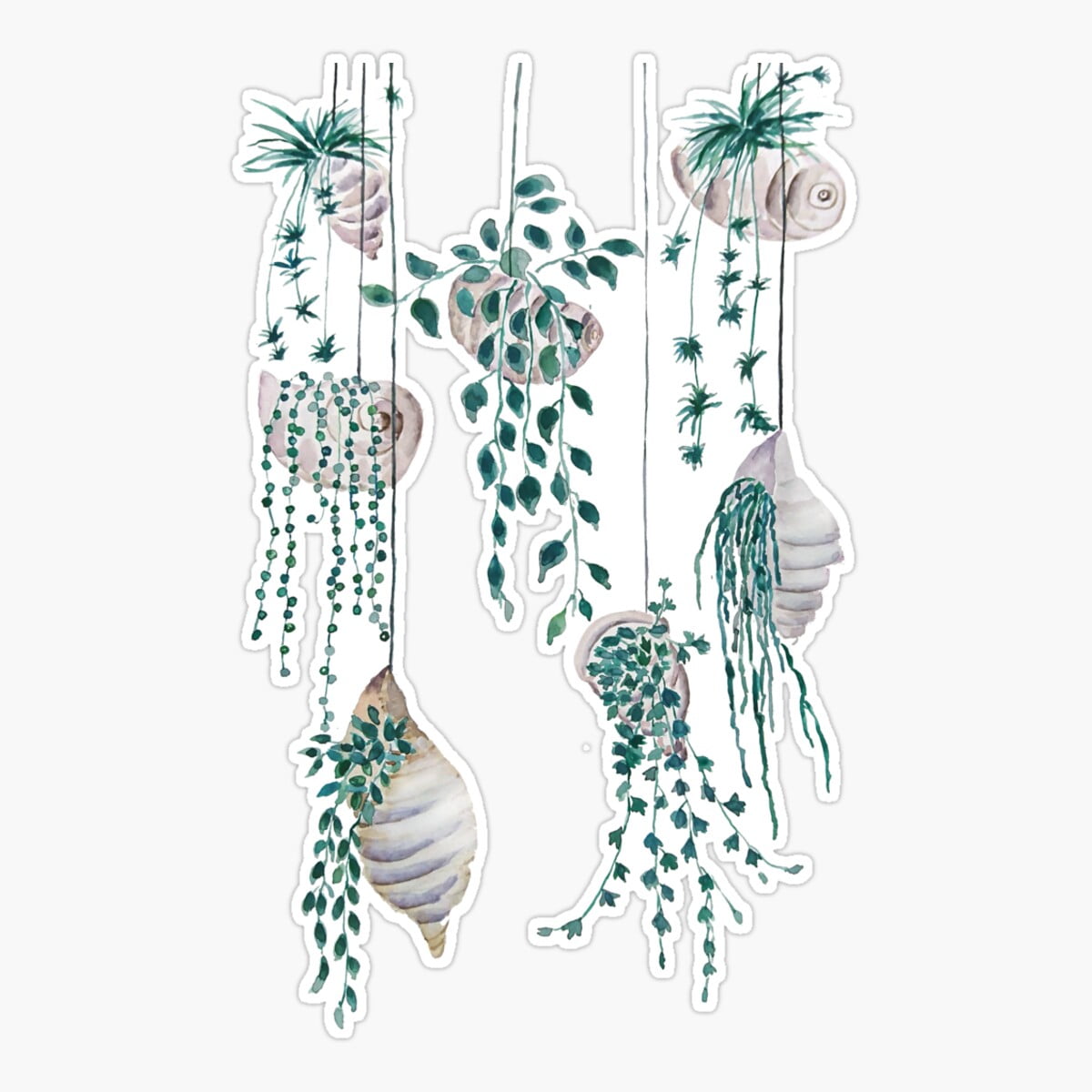 Onim Hand Painted Hanging Plants In Seashells Watercolor Sticker, Phone ...
