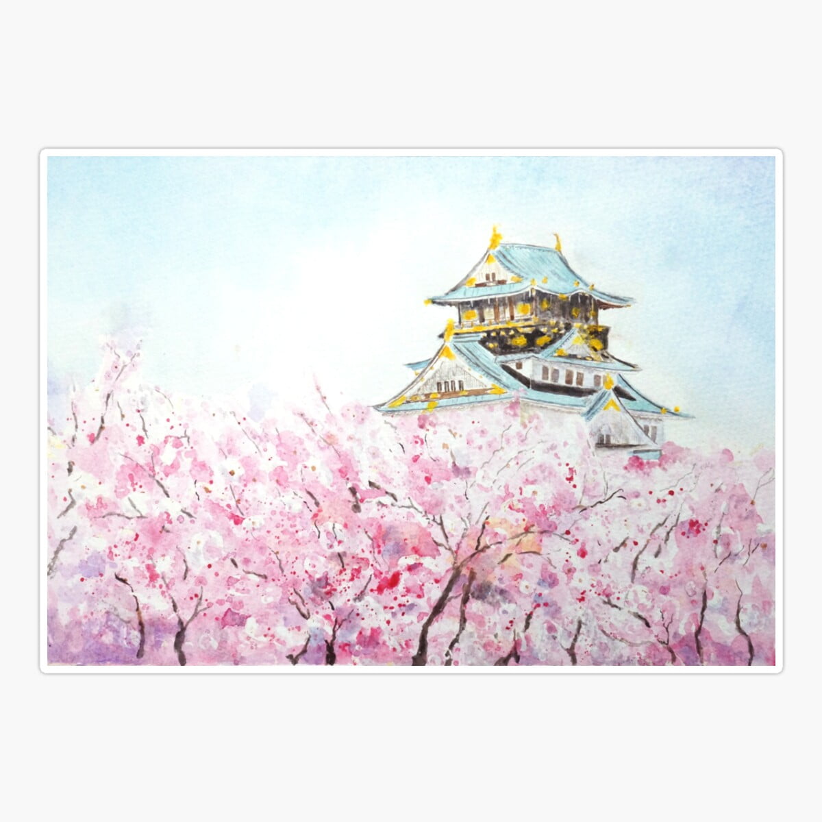 Onim Hand Painted Japan Osaka Castle And Sakura Watercolor Painting ...