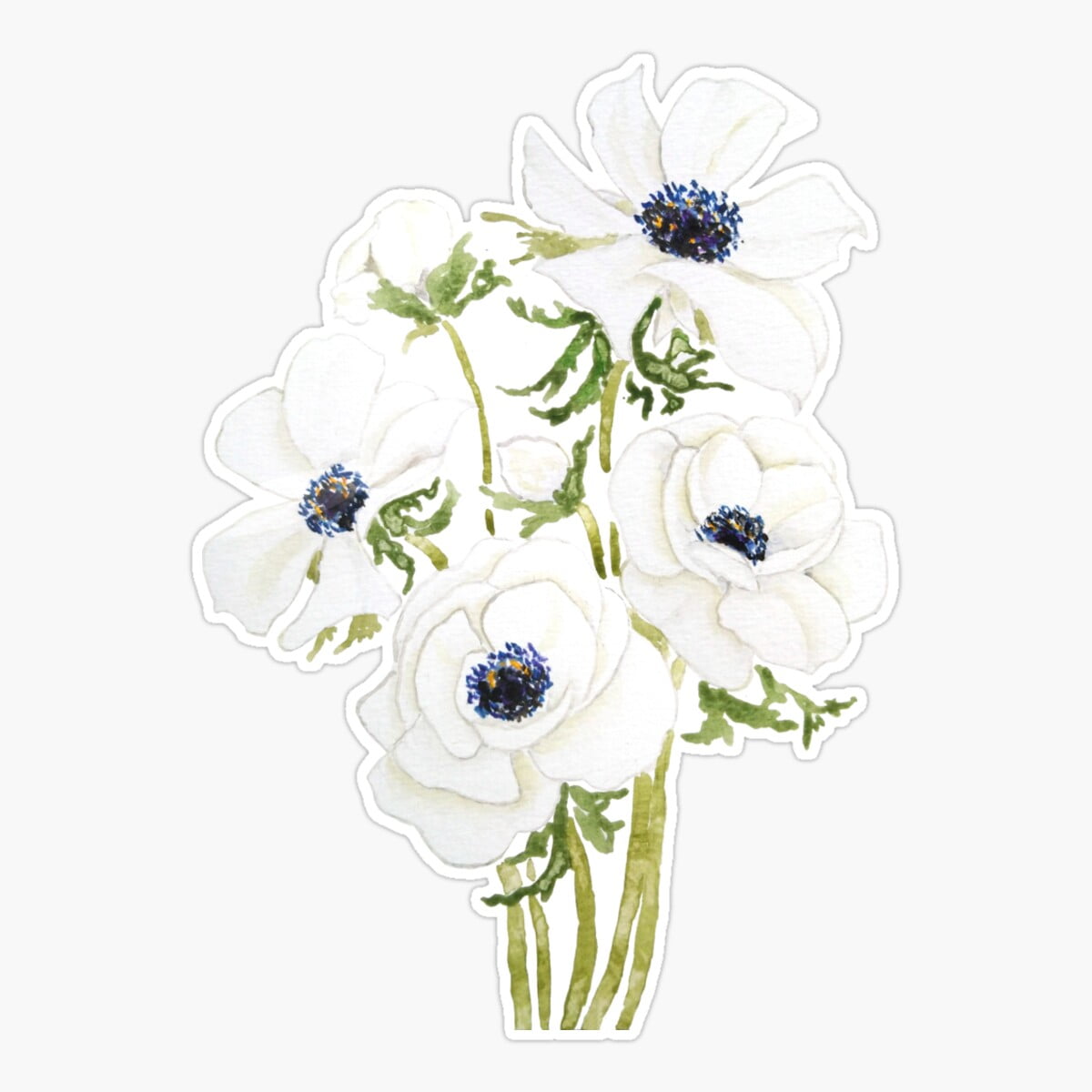 Onim Hand Painted White Anemone Flower Watercolor Painting Sticker ...