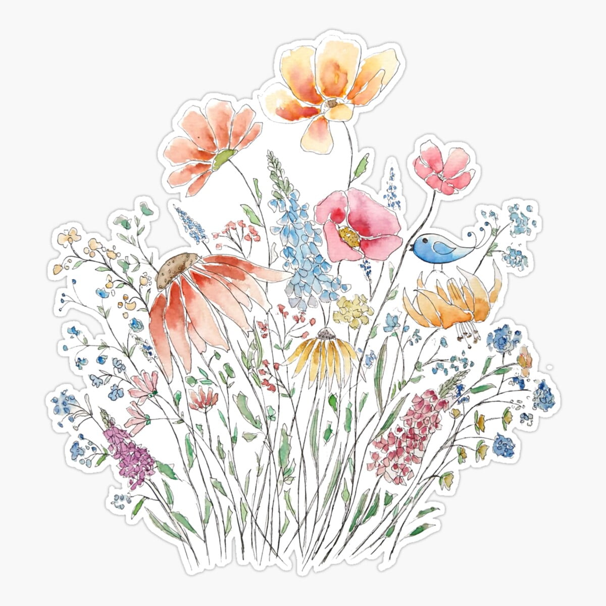 Onim Hand Painted Wild Flower Bouquet And Blue Bird-Line And Watercolor ...