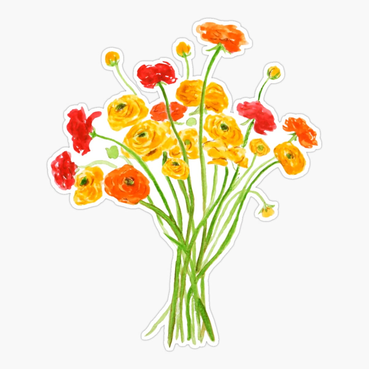 Onim Hand Painted Yellow Red And Orange Ranunculus Flower Sticker ...