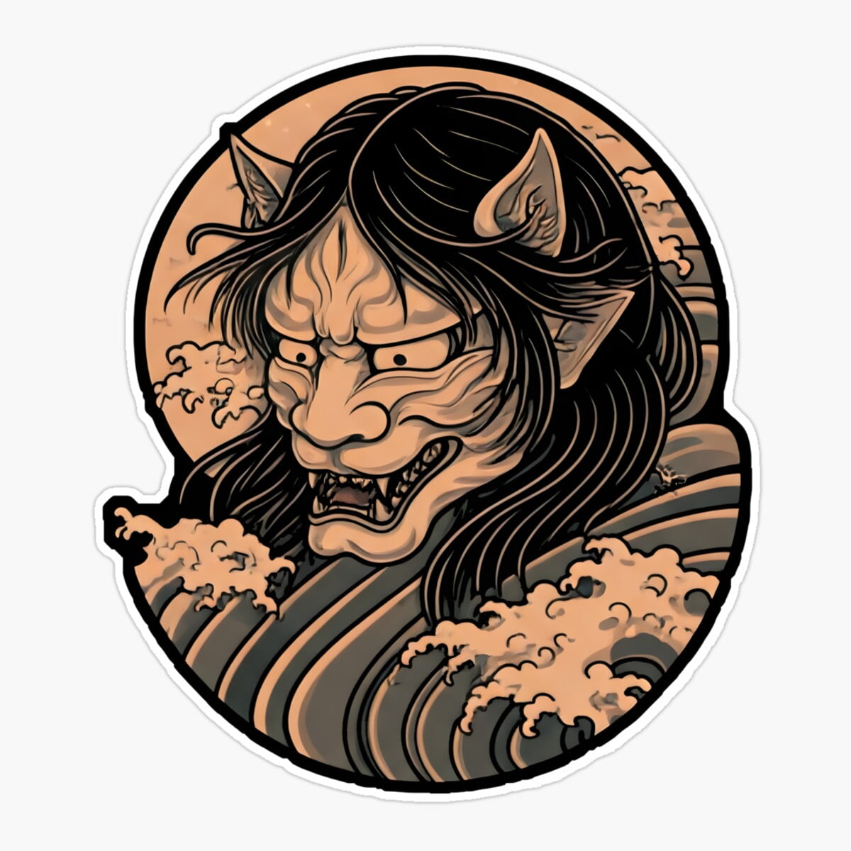 Onim Hannya Mask - Japanese Design With Waves Sticker, Phone Decal Water Bottle Stickers Car ...