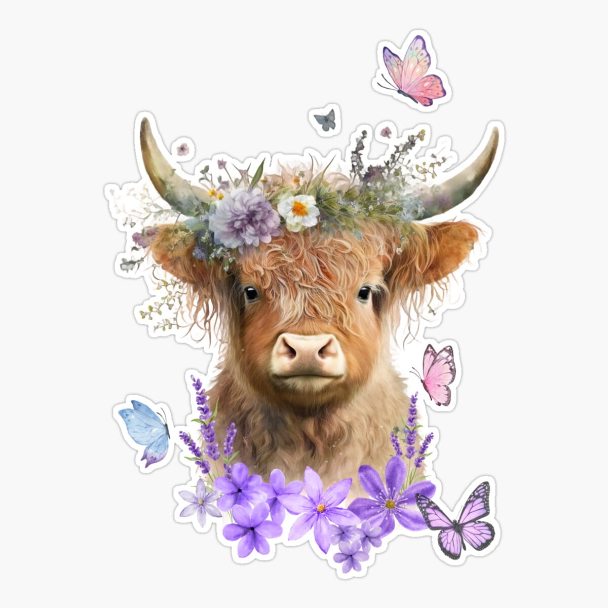 Onim Highland Cow With Flowers Sticker, Phone Decal Water Bottle ...