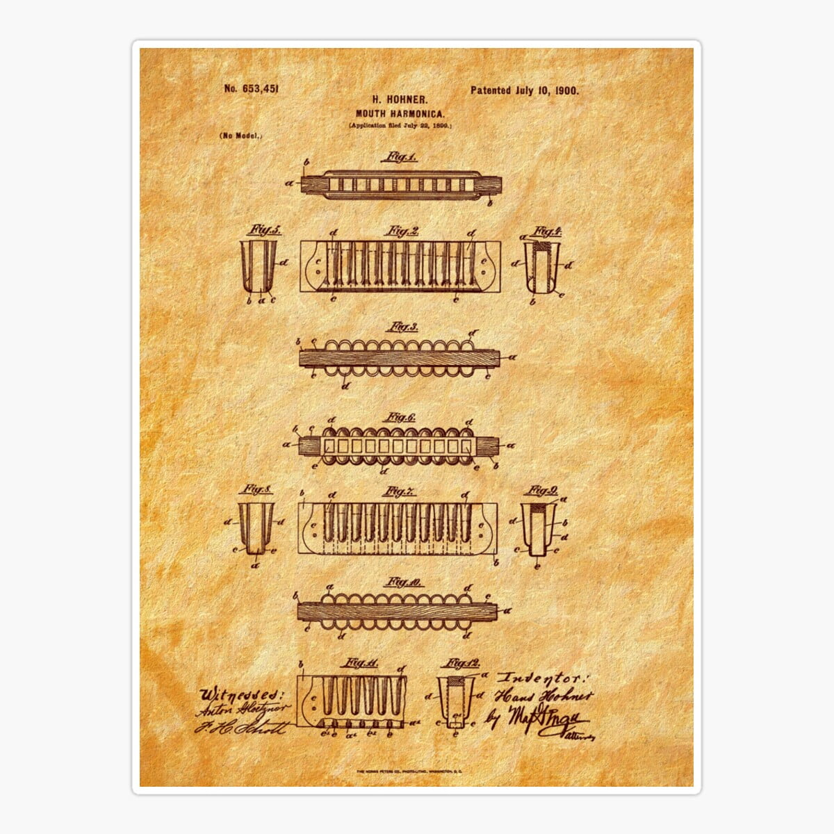 Onim Hohner Harmonica 1900 Patent Art Sticker, Phone Decal Water Bottle ...