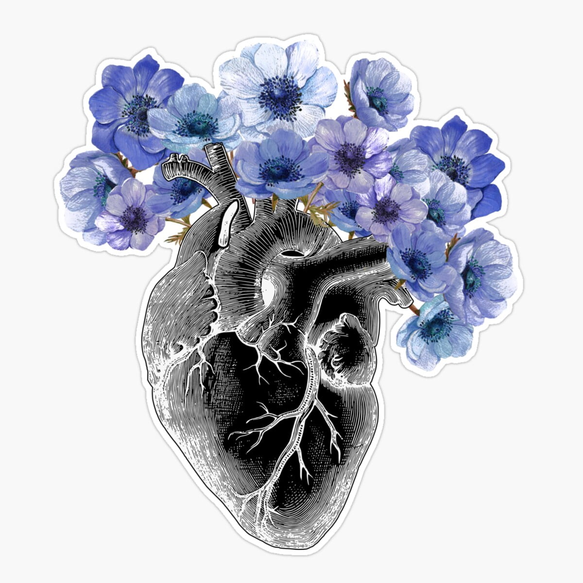 Onim Human Heart With Blue Anemones Flowers, Black Sticker, Phone Decal ...