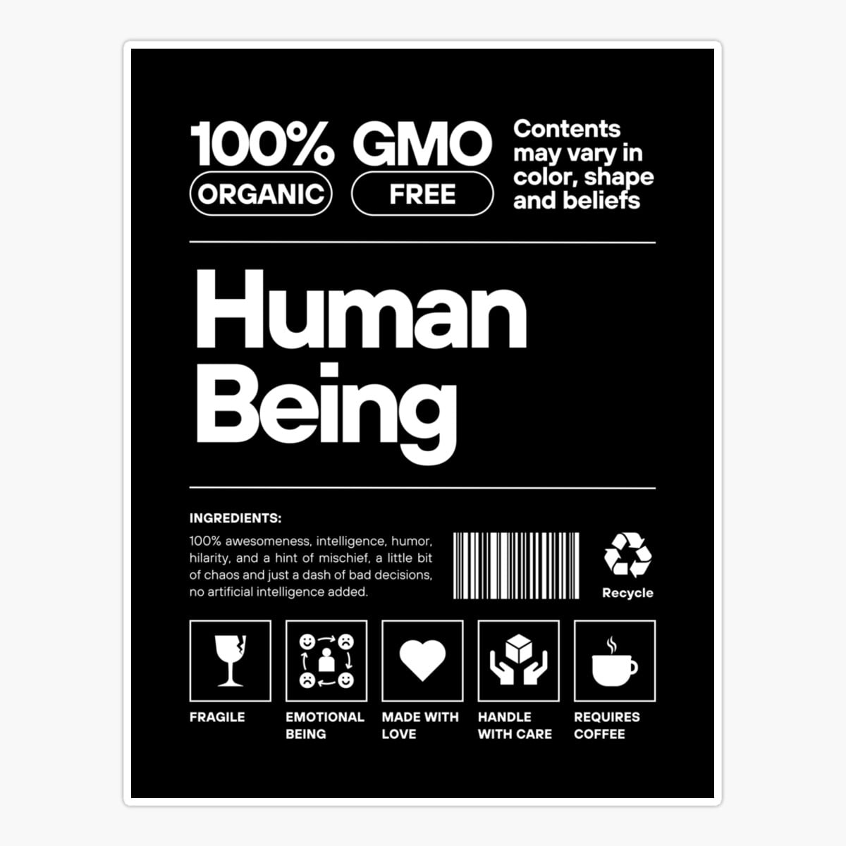Onim Human Label - Emotional Being, Made With Love Sticker, Phone Decal ...