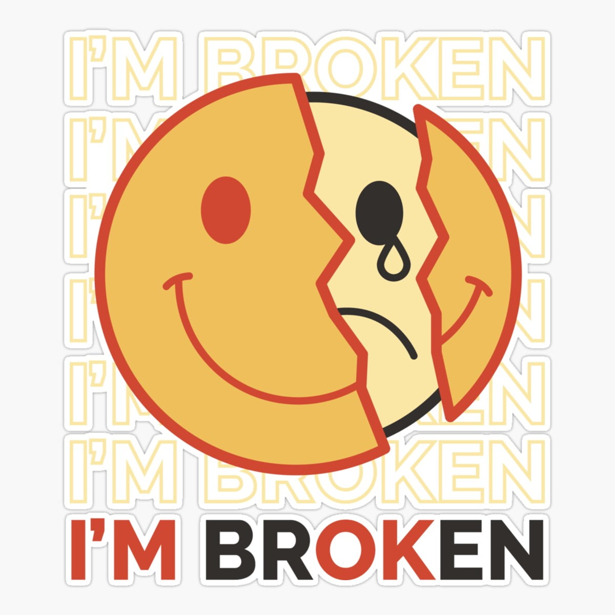 Onim I'M Broken | Sad Emoji With Broken Happy Face Sticker, Phone Decal Water Bottle Stickers ...