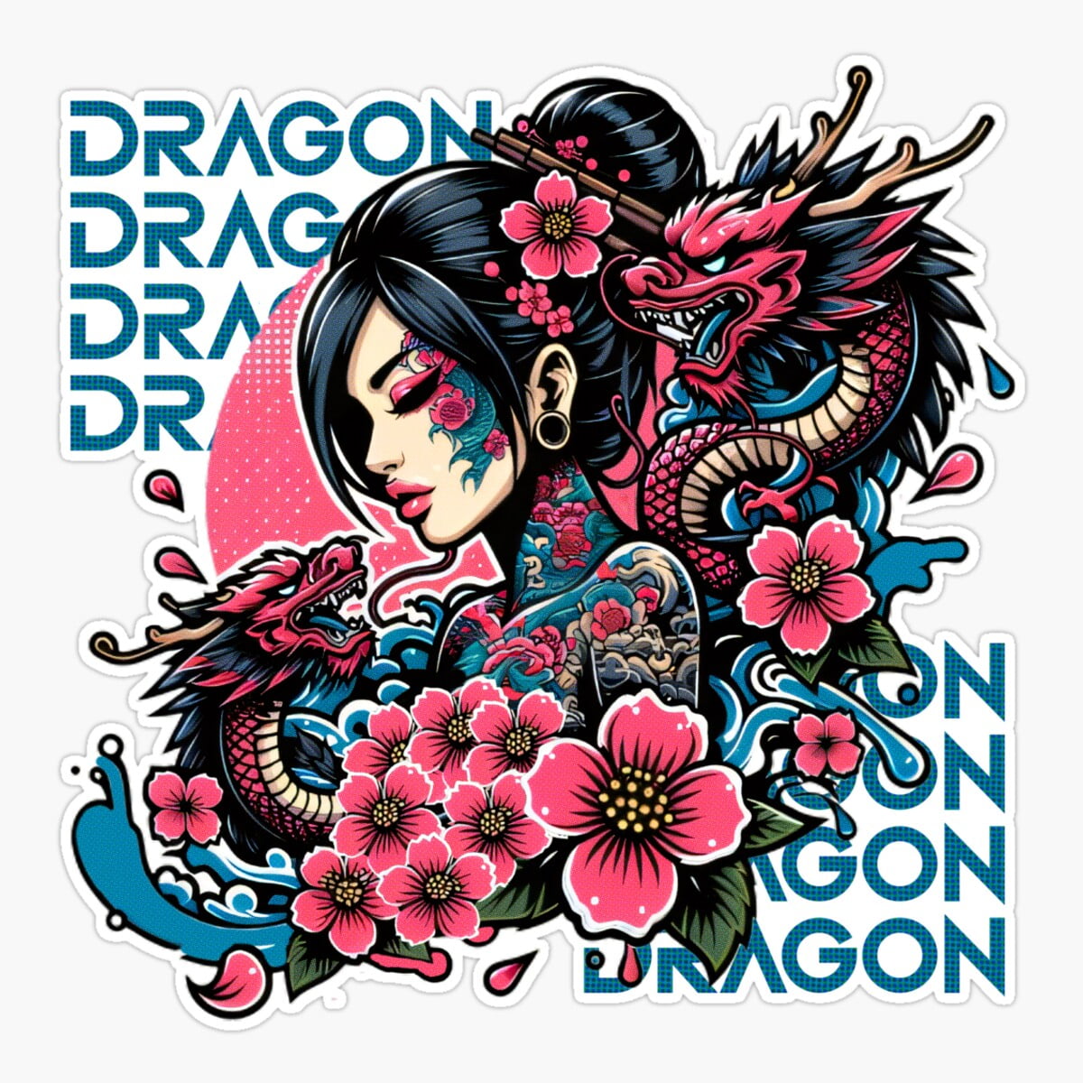 Onim Inked Serenity: Woman And Dragon Sticker, Phone Decal Water Bottle ...