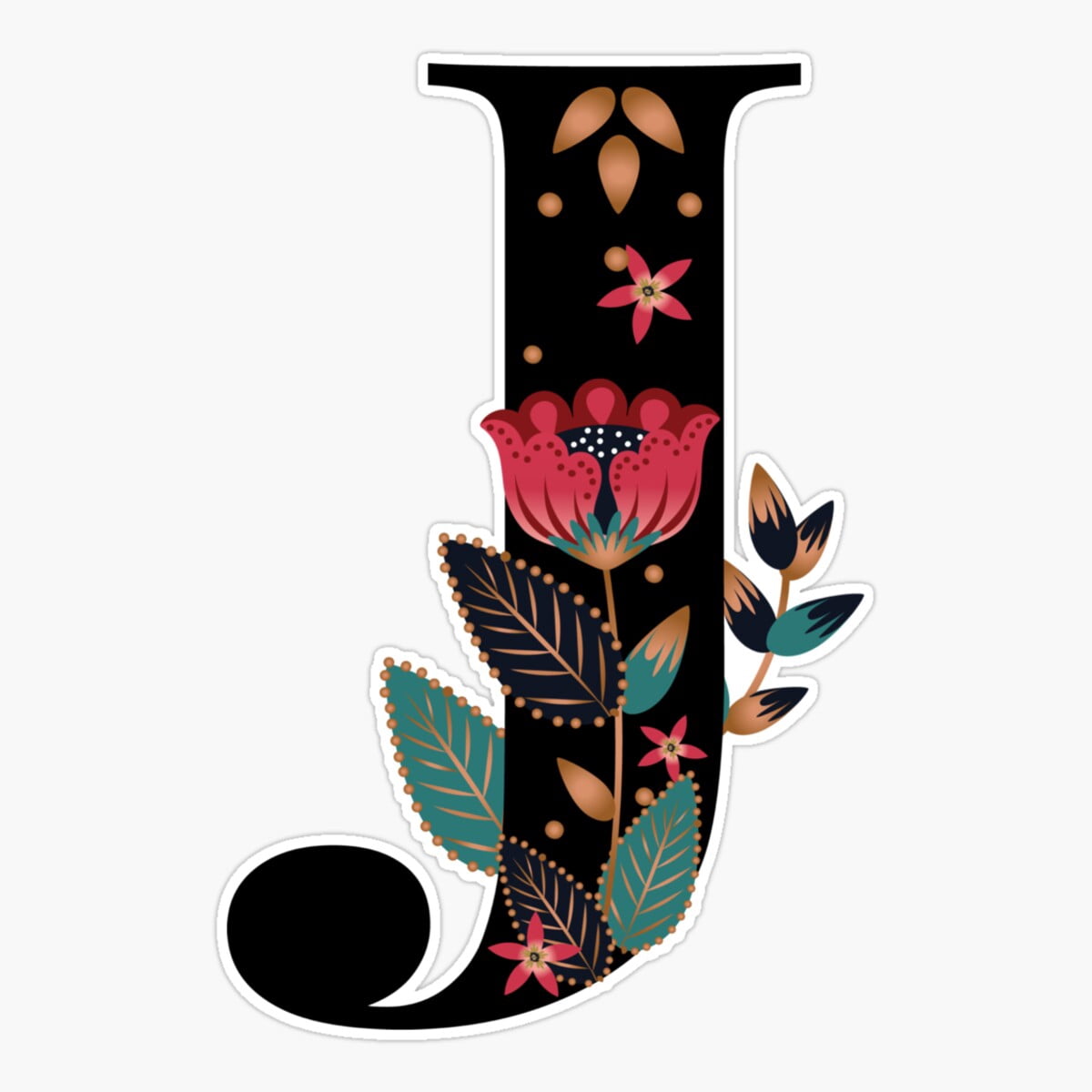 Onim J - Floral Initial Letter Sticker, Phone Decal Water Bottle ...