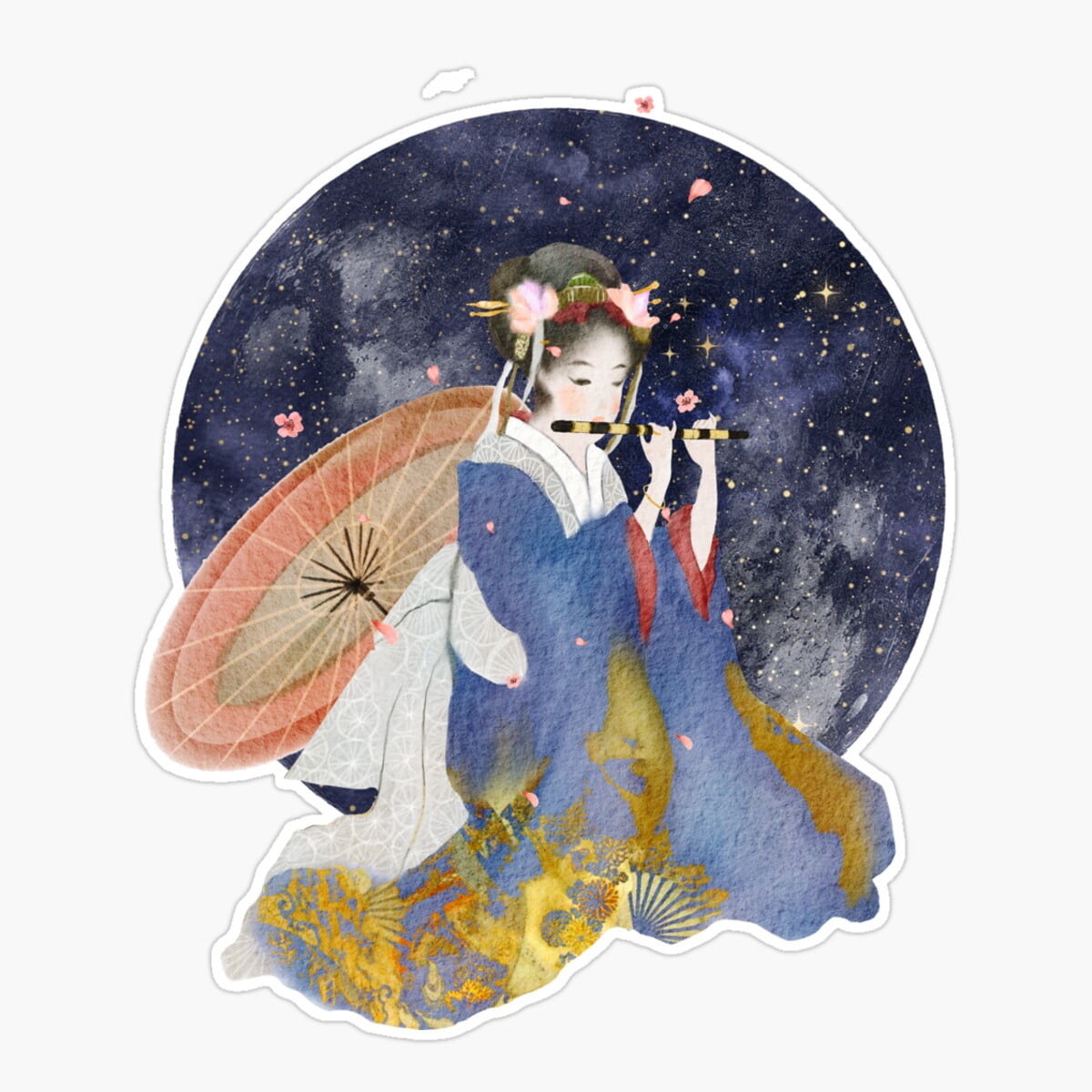 Onim Japanese Artwork, Geisha Playing Music, Sakura Falling Sticker ...