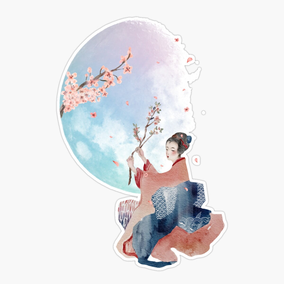 Onim Japanese Artwork, Geishas, Sakura Falling, Moon Sticker, Phone ...