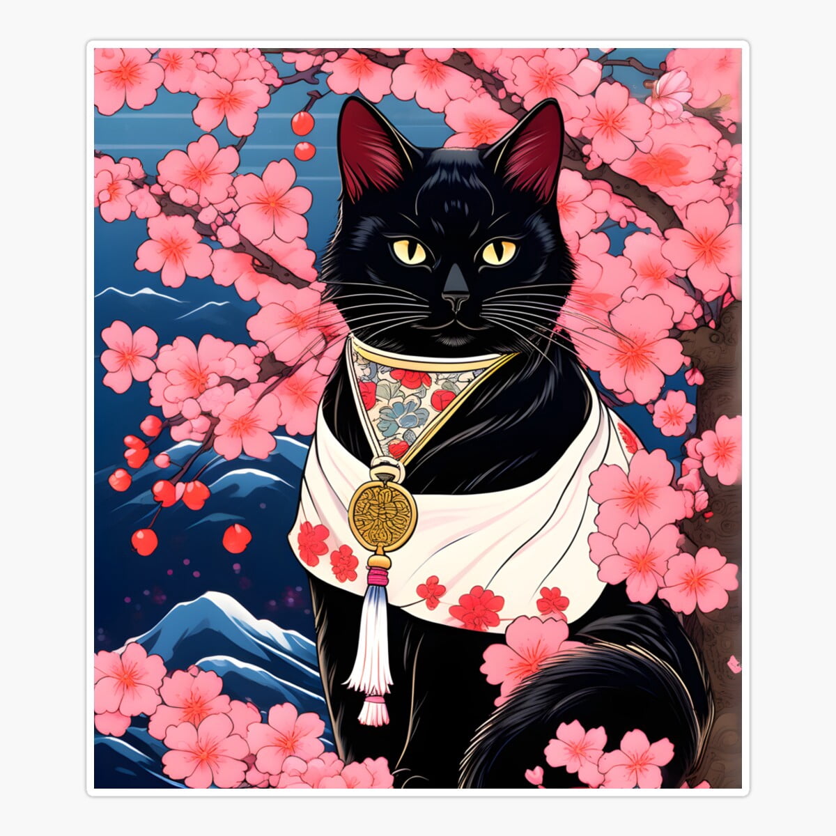Onim Japanese Black Cat Neko Sakura Harmony Sticker, Phone Decal Water ...