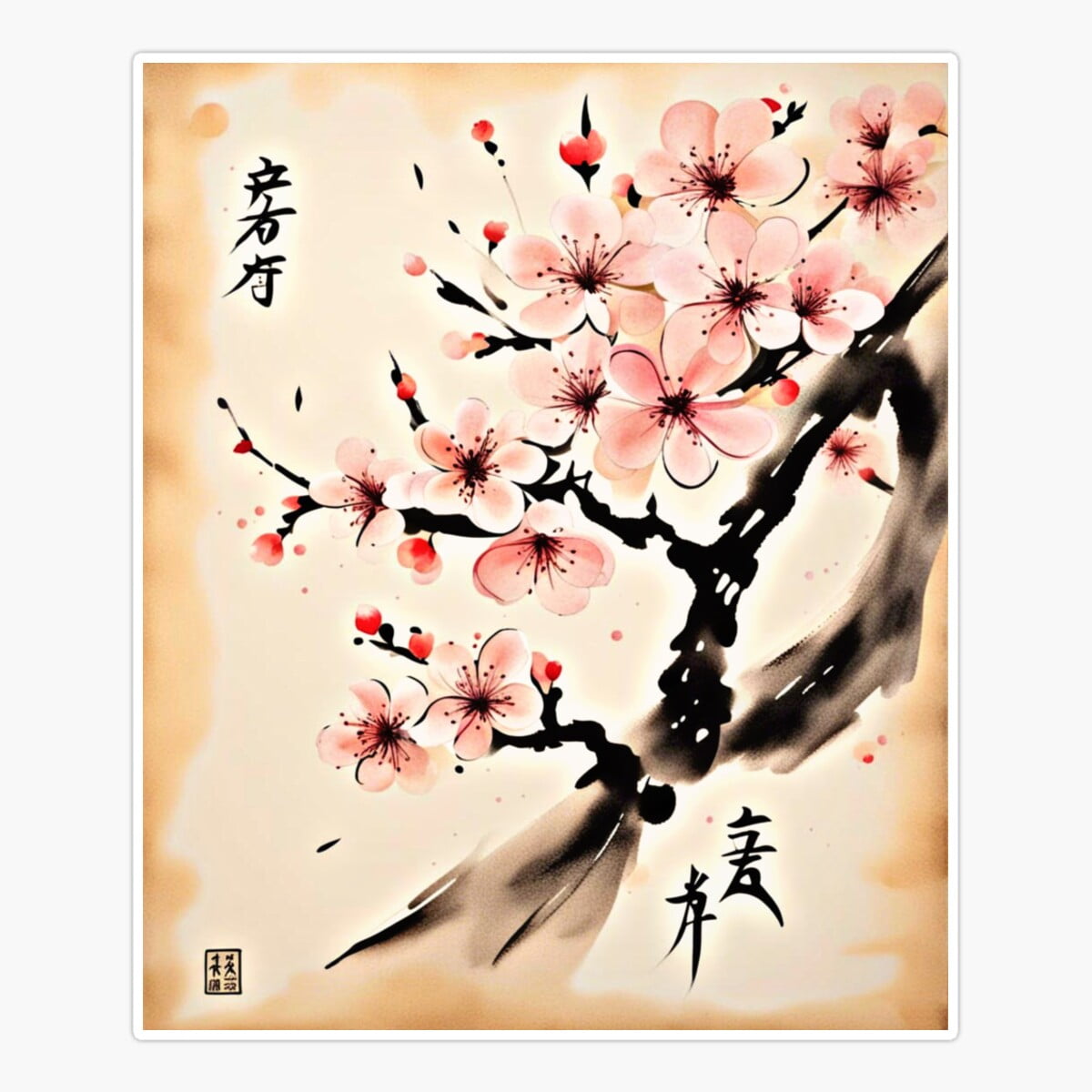 Onim Japanese Cherry Blossoms With Calligraphy Sticker, Phone Decal ...
