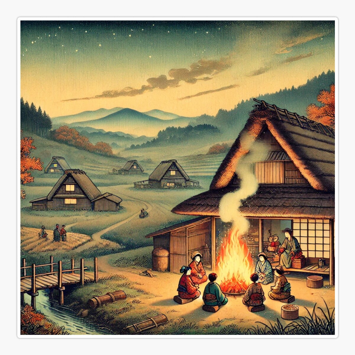 Onim Japanese Countryside Bonfire Night Sticker, Phone Decal Water ...