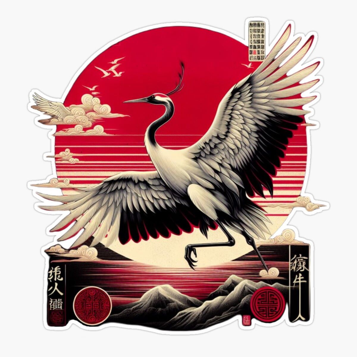 Onim Japanese Crane Art Style Sticker, Phone Decal Water Bottle ...